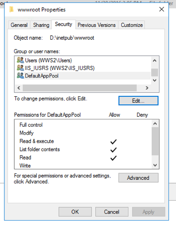 Application Pool Identity doesn't have access to Inetpub\wwwroot : The ...
