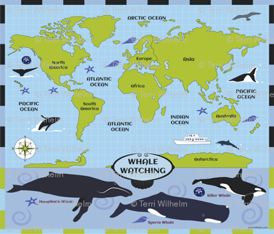 Whale Watching Map Blue Green fabric - terriaw - Spoonflower