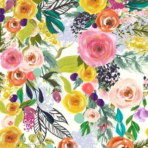 Autumn Blooms Painted Floral // Cream - Spoonflower