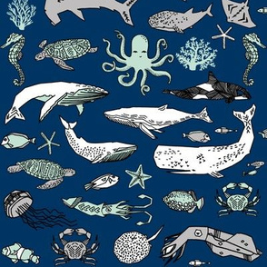 ocean animals // navy mint and grey - Spoonflower
