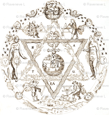 alchemy pentagram cherubs angels stars unicorns sun moon man woman ...