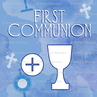First Communion blue watercolor fabric - magneticcatholic - Spoonflower