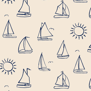 Sailboats Sketch on Cream // nautical - Spoonflower
