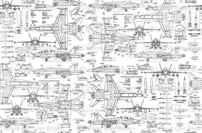 F-18 Blueprints in Grey // Small fabric - thinlinetextiles - Spoonflower