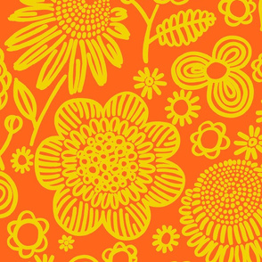 60s floral (mustard on orange) - Spoonflower