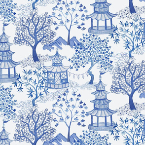 Pagoda Landscape in Blue (Drop Match) - Spoonflower