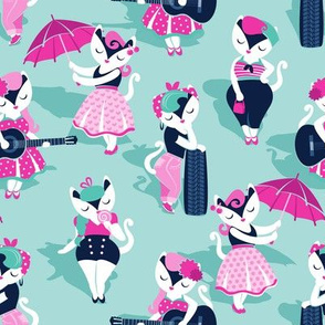 Rockabilly cats // small scale // aqua b - Spoonflower