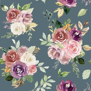 Vintage Fall Roses // Nevada Blue - Spoonflower