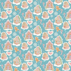 Gingerbread Houses Teal Background - Spoonflower
