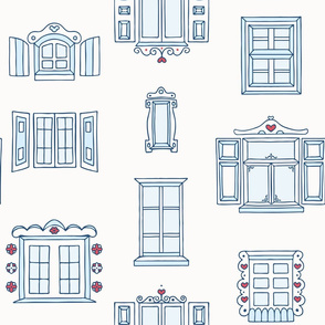 Hand Drawn Old Town Windows on White - Spoonflower