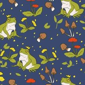 Cottage Core Frogs on Navy Blue - Spoonflower