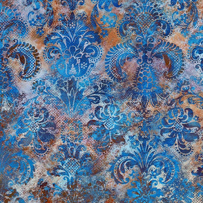 Grunge damask cobalt blue rust orange | Spoonflower