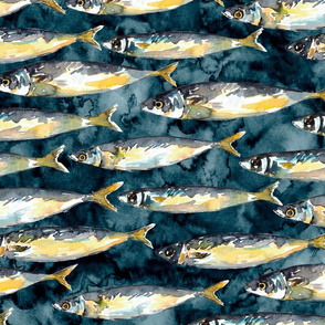 Mackerel fish large with navy watercolor - Spoonflower