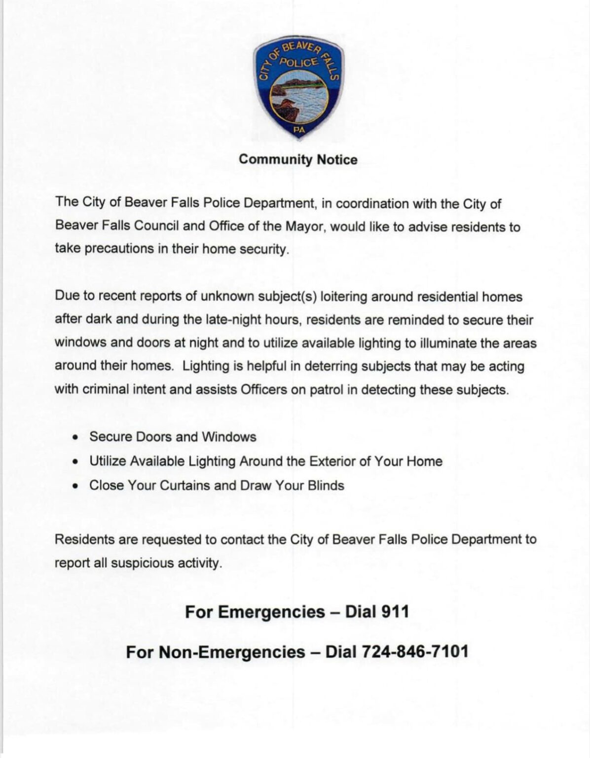 Beaver Falls Police Issue Community Notice Advising Residents to Take ...