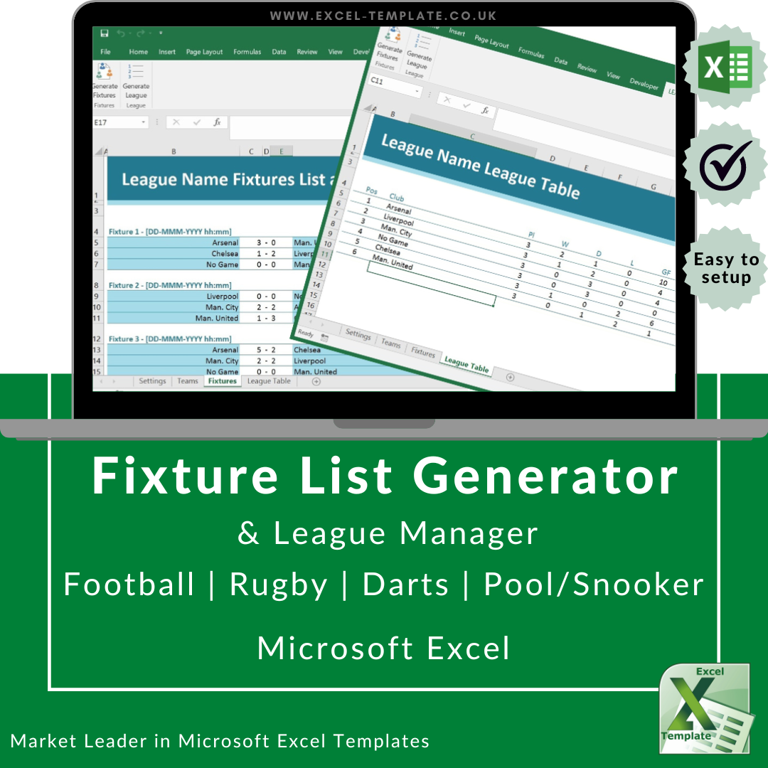 Excel Spreadsheet League Manager and Fixture List Generator, FIFA, Football