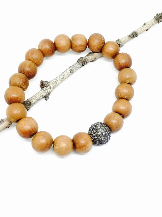 Sandalwood bead and Pave diamond bead, ball stretch bracelet set in ...