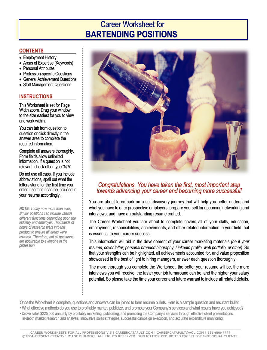 Bartending Career Worksheet