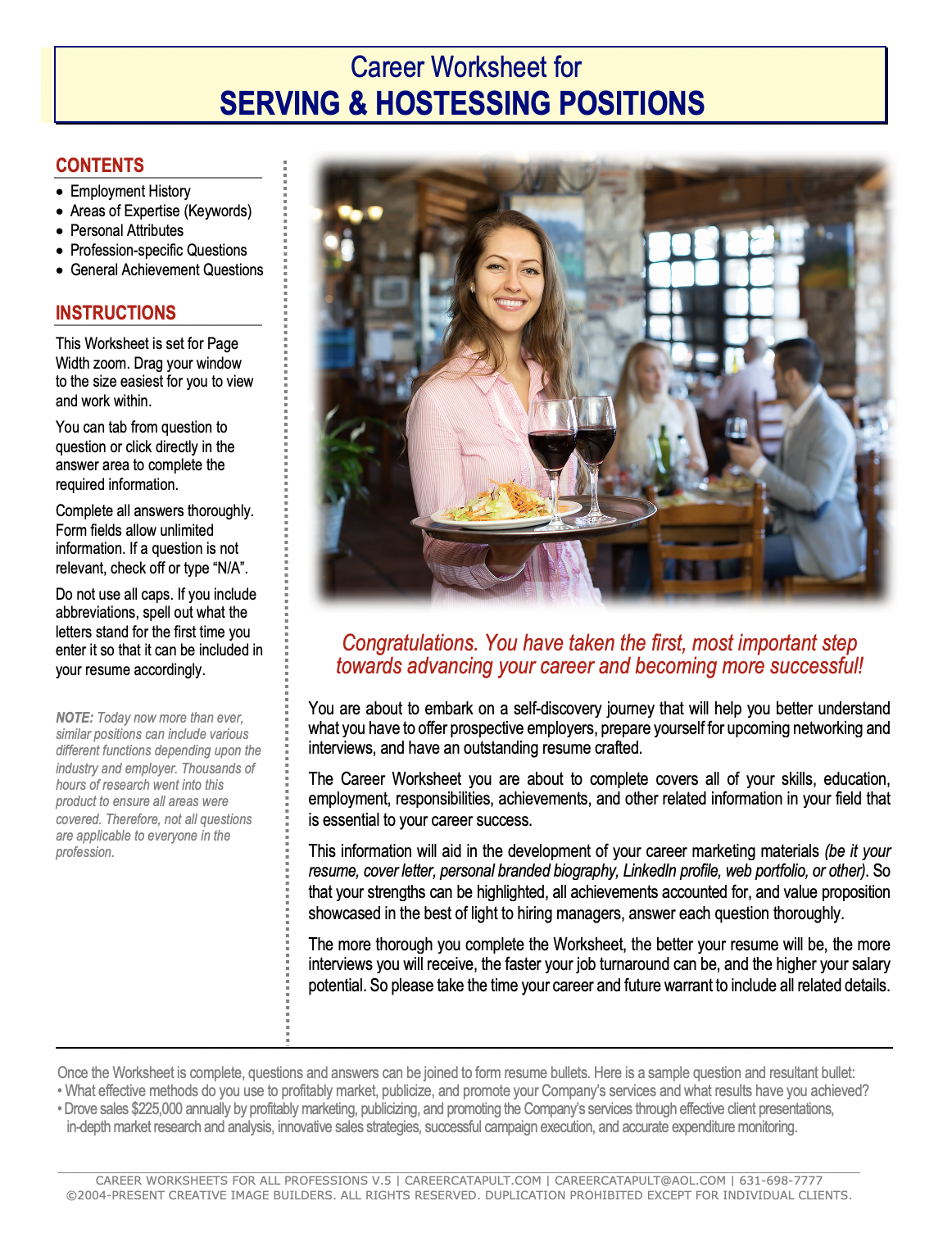 Serving and Hostessing Career Worksheet