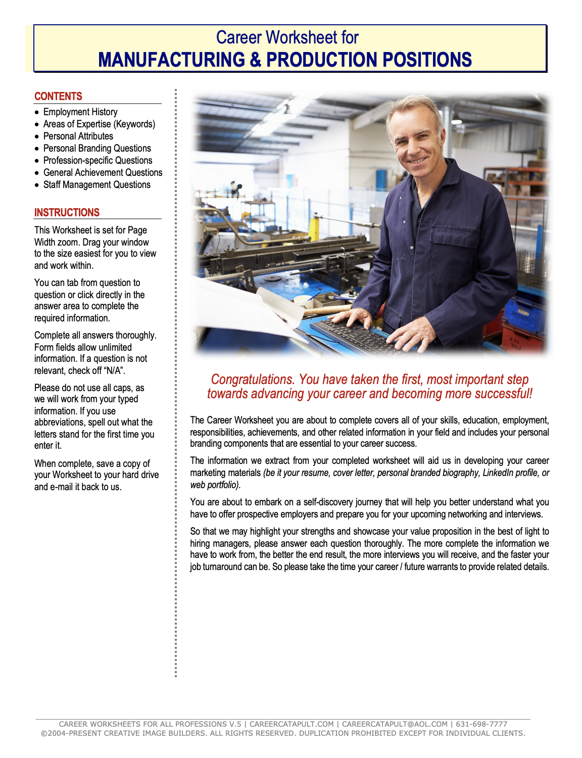 Manufacturing & Production Career Worksheet