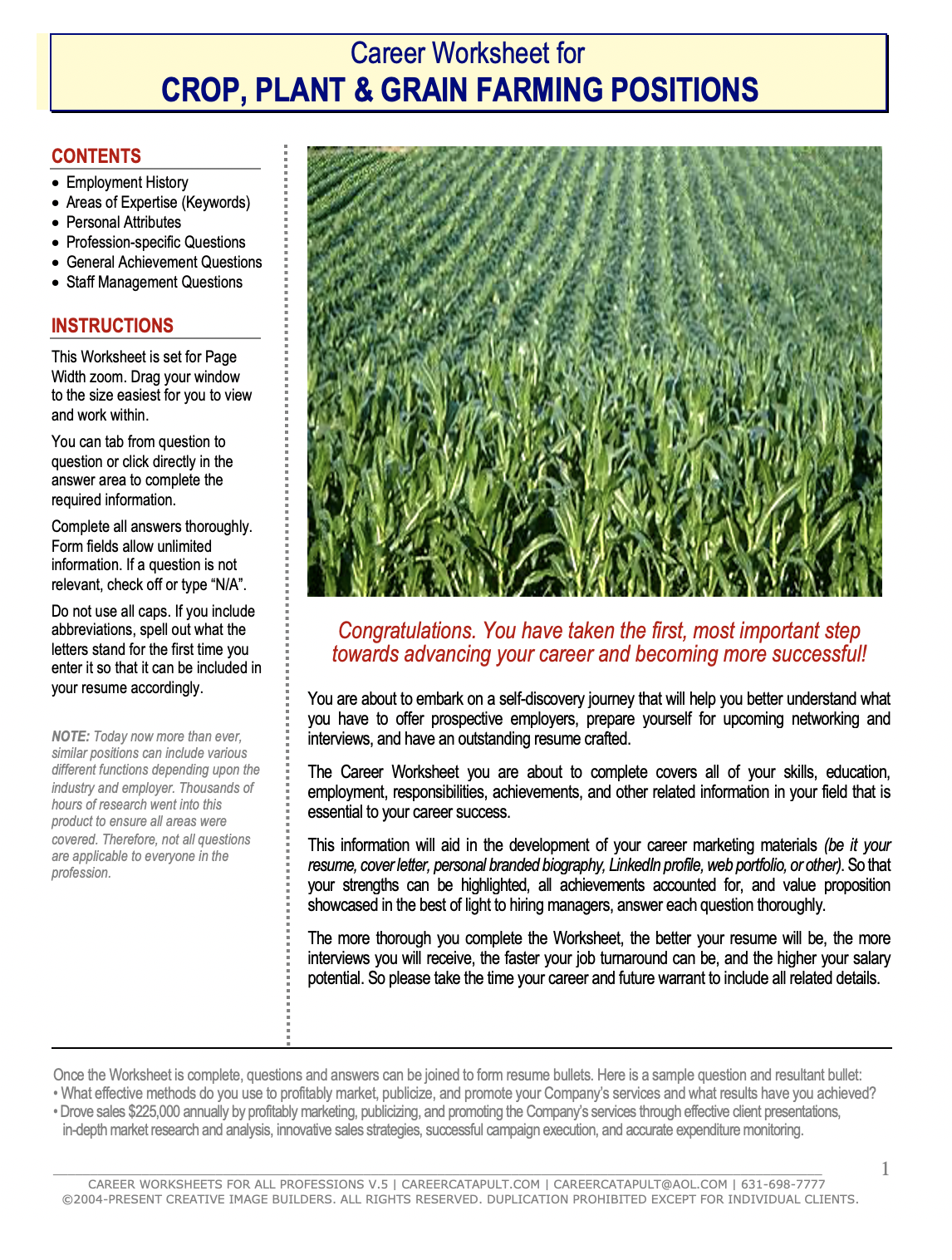 Crop, Plant, and Grain Farming Career Worksheet