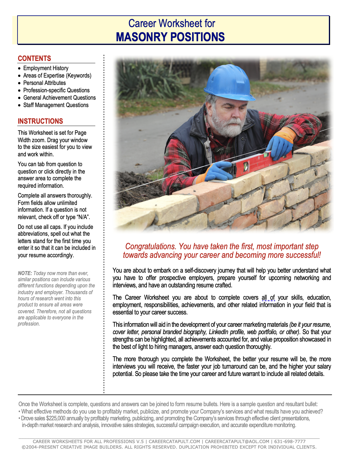 Masonry Career Worksheet