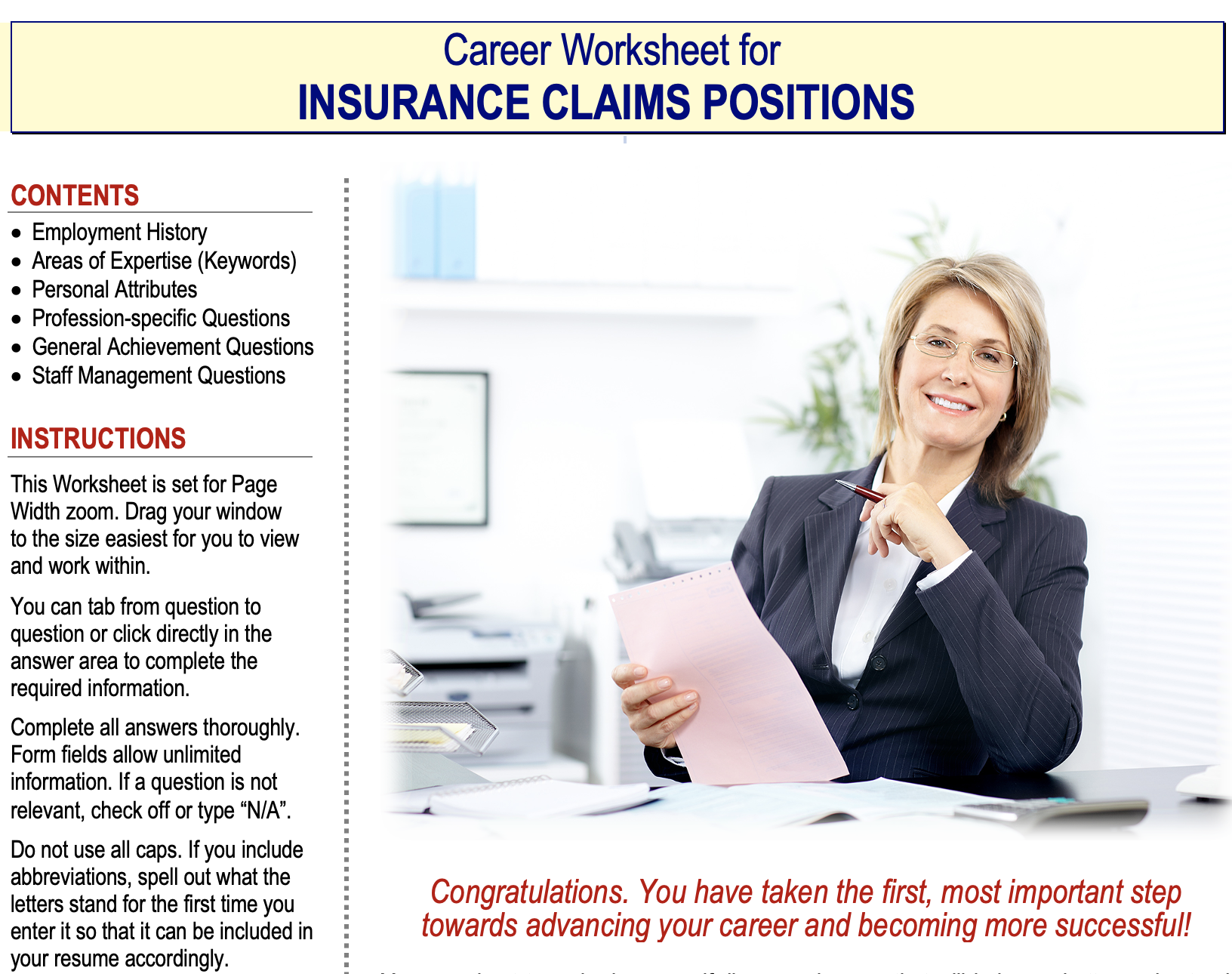 Insurance Claims Career Worksheet
