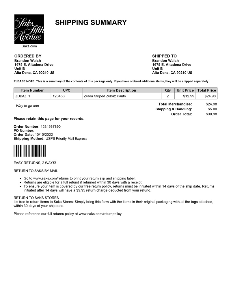 Saks Fifth Avenue Saks Off Fifth Packing Slip Templates For Shipstation