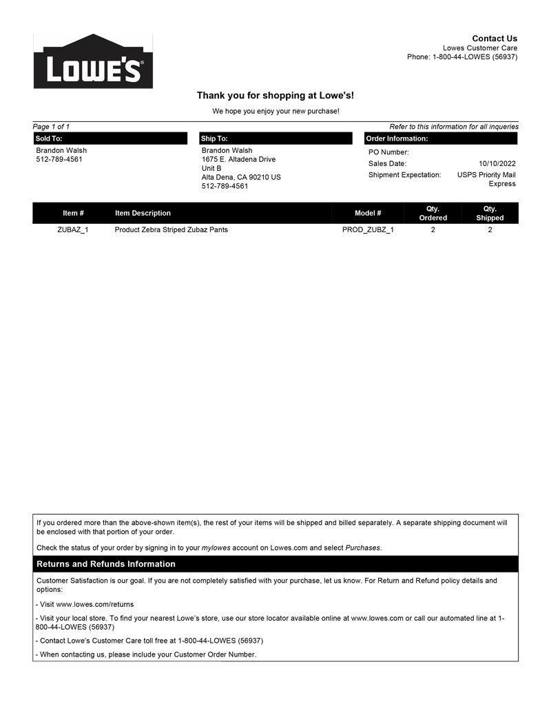 Lowes Home Improvement Packing Slip Template For Shipstation