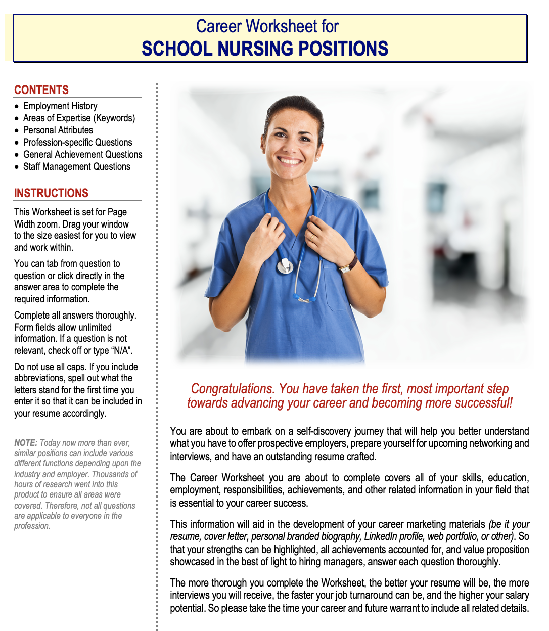 School Nursing Career Worksheet