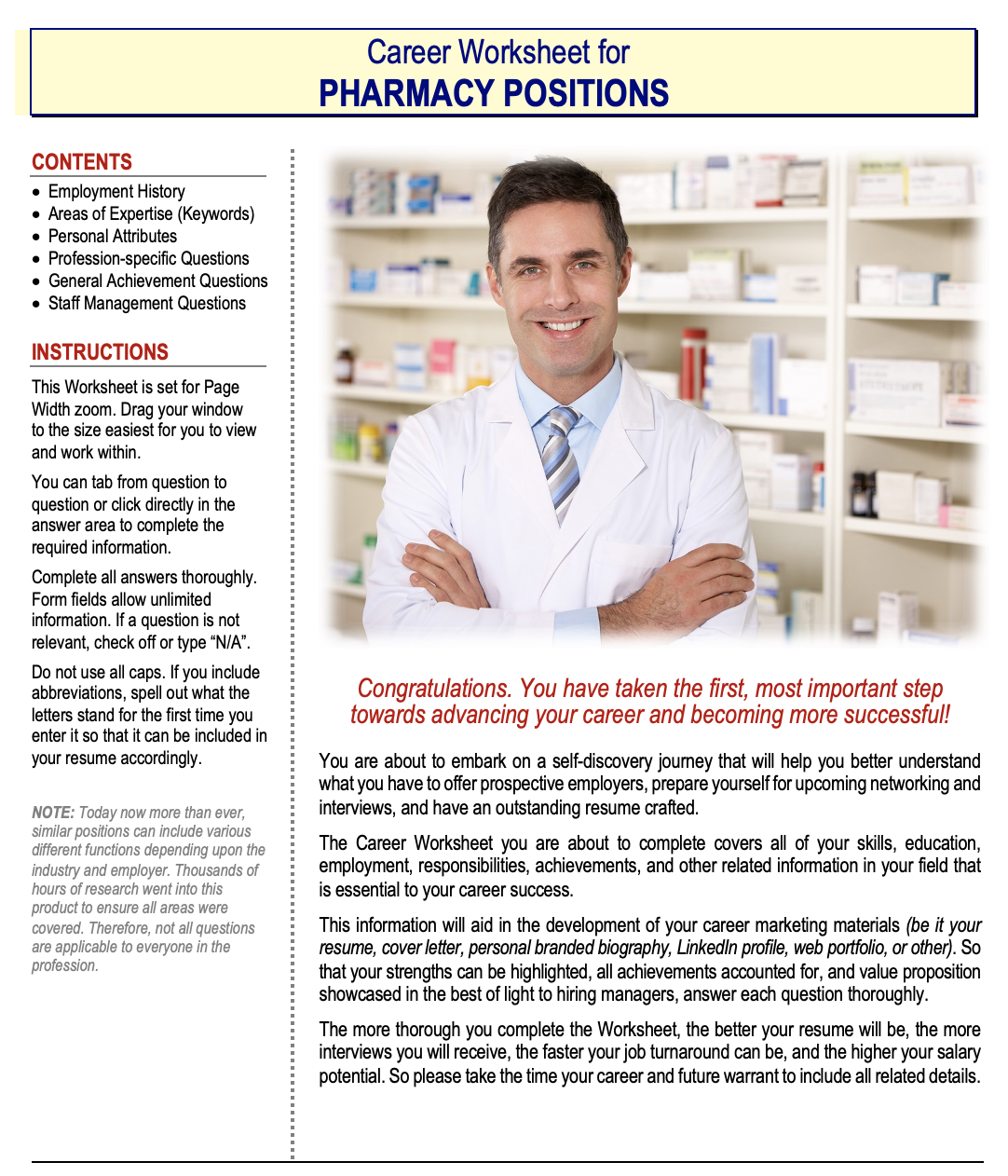 Pharmacy Career Worksheet