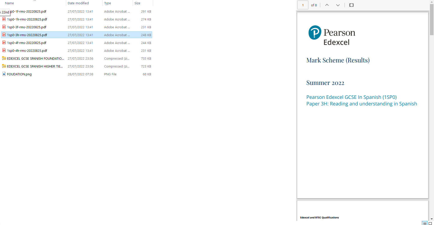 EDEXCEL GCSE SPANISH HIGHER 2022 MARKSCHEMES