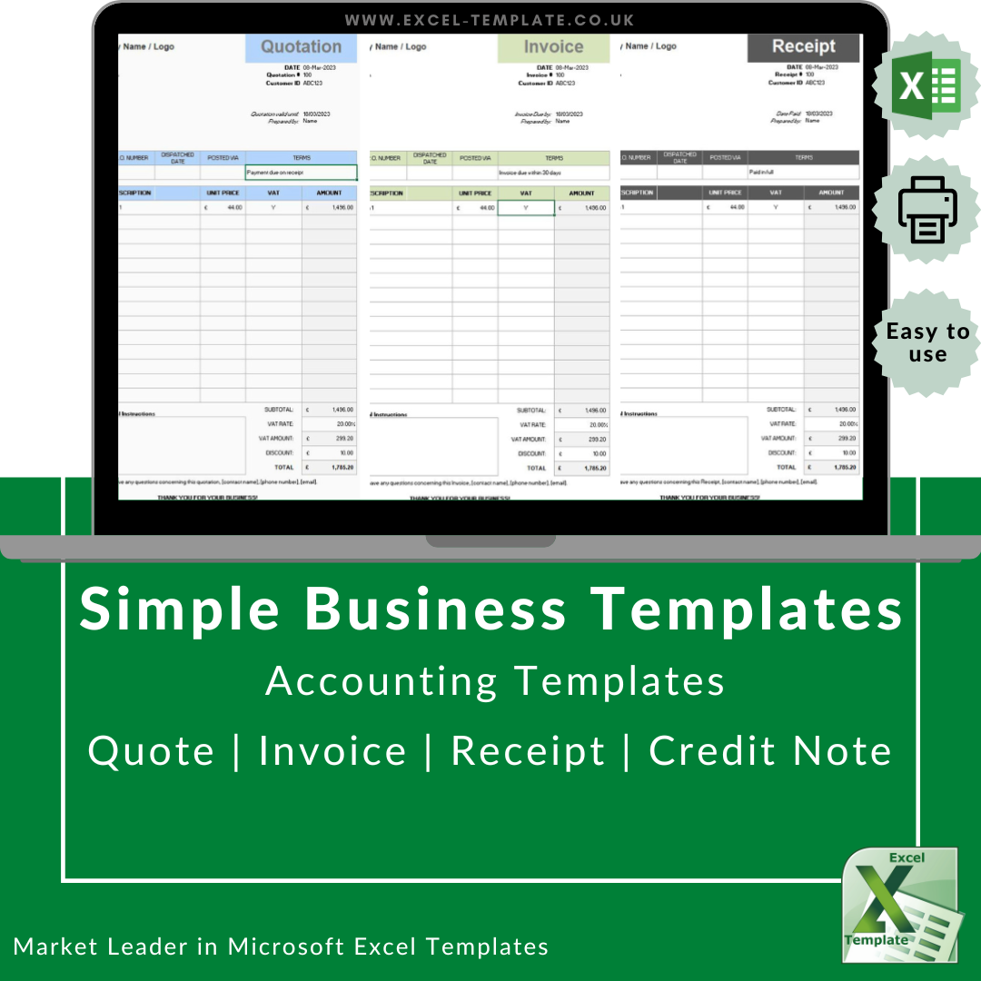 Simple Microsoft Excel Quote, Invoice, Receipt, Credit Note business forms