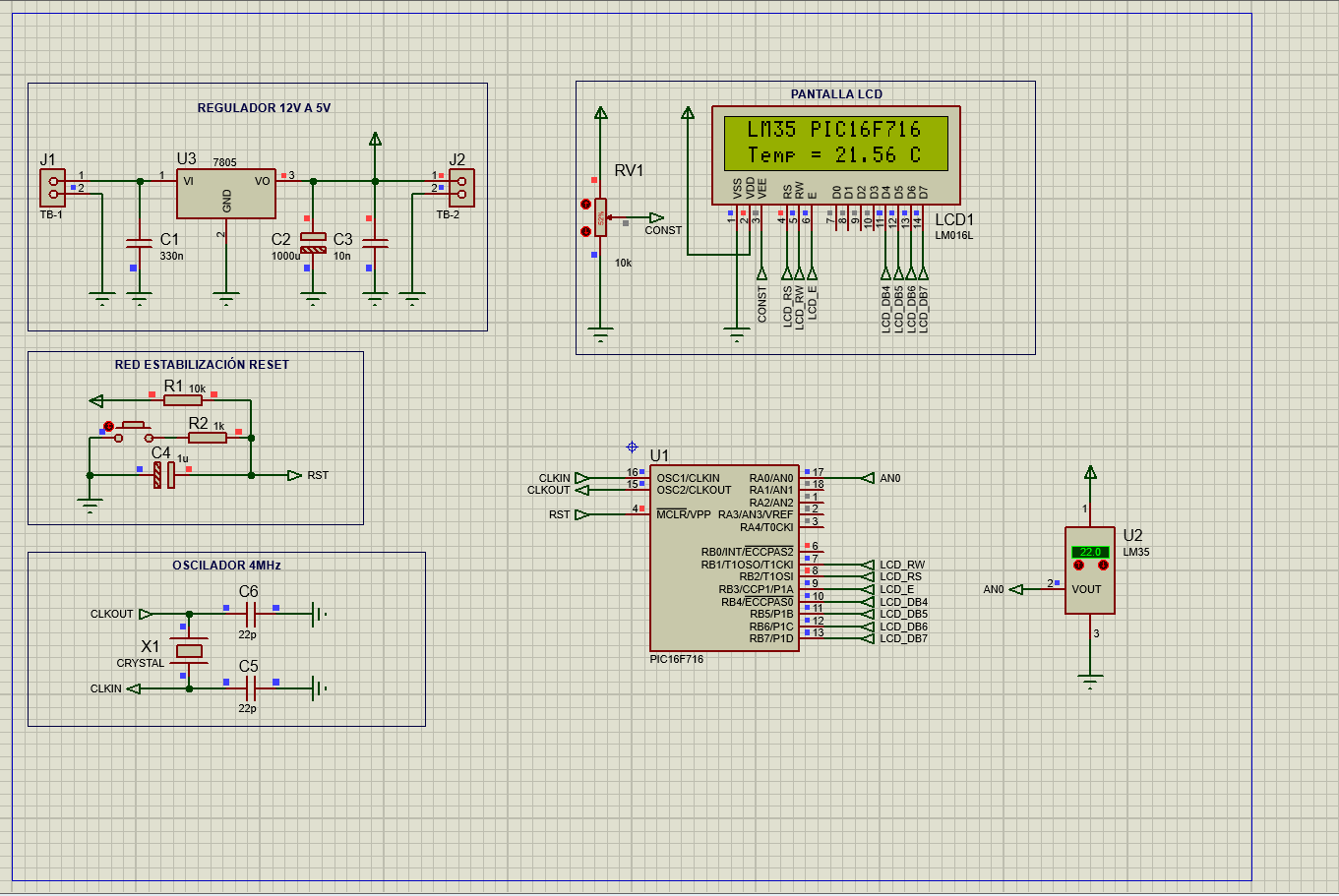 Simulación de Circuito Eléctrico - PIC16F716 - Sensor de Temperatura LM35 LCD