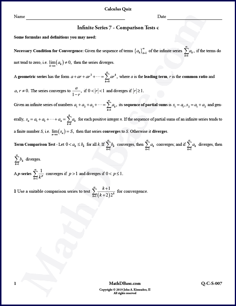 Infinite Series 7 Comparison Tests c Term Comparison Test, p-Series