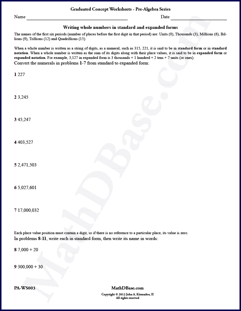Pre-Algebra Worksheet 3 Writing whole numbers in standard and expanded ...
