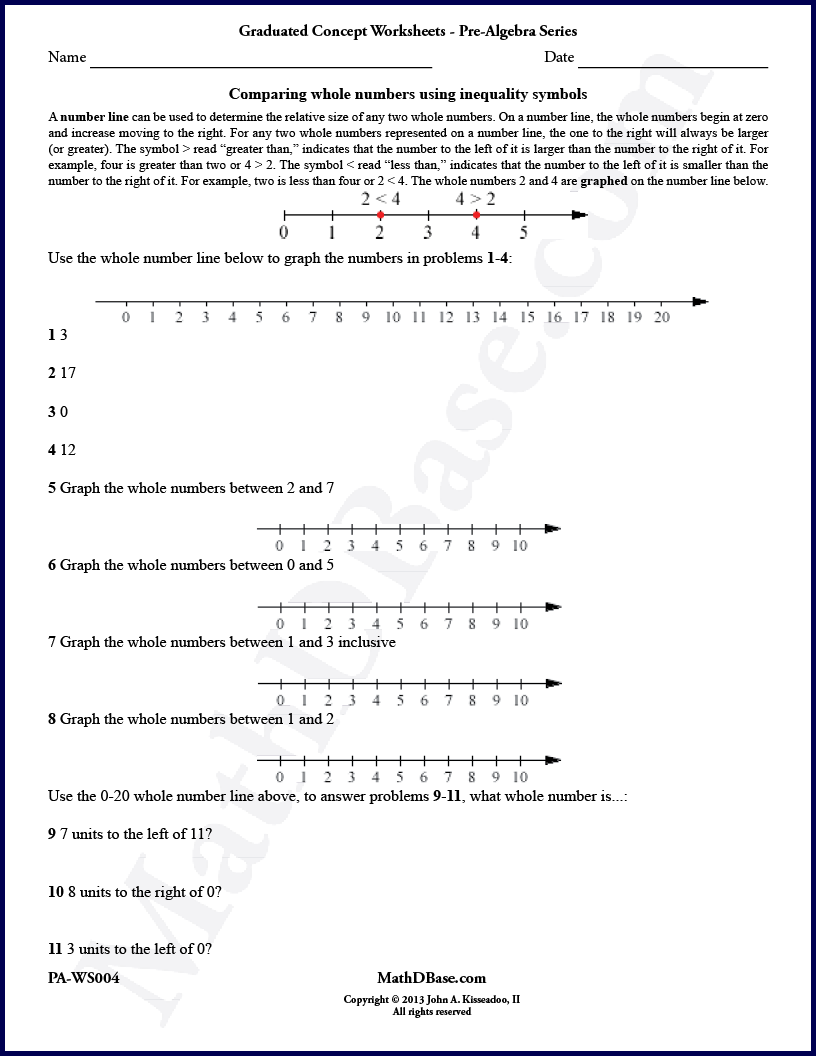 Pre-Algebra Worksheet 4 Comparing whole numbers using inequality symbols