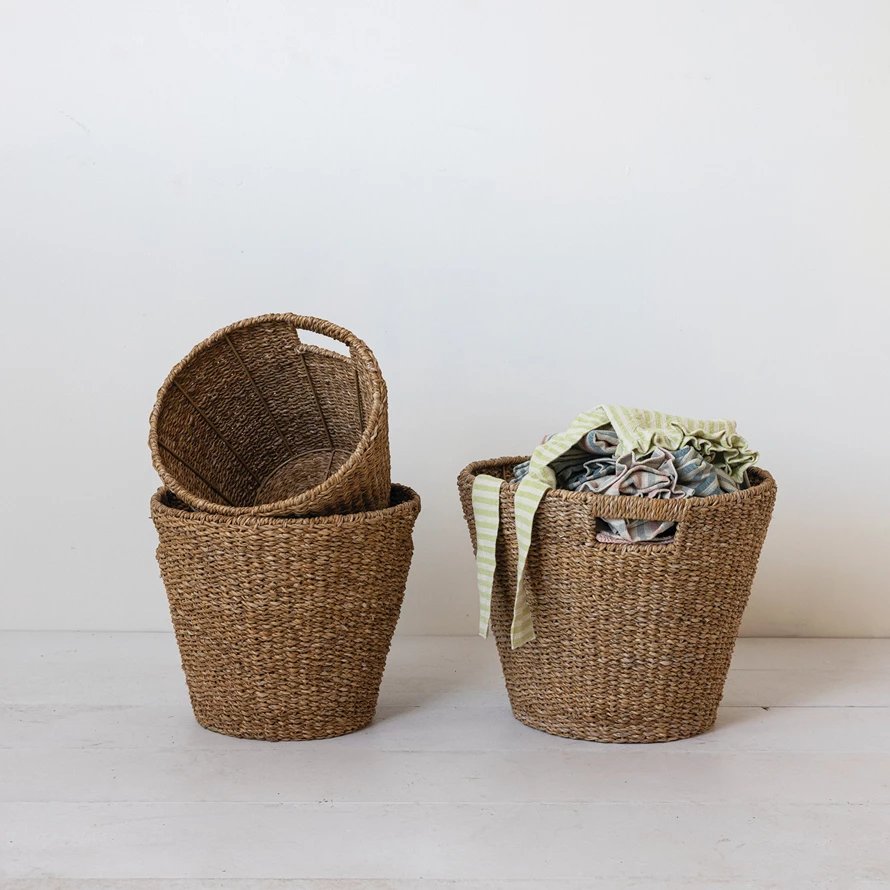 Hand-Woven Seagrass Baskets w/ Handles, Natural, Set of 3 - Creative Co ...