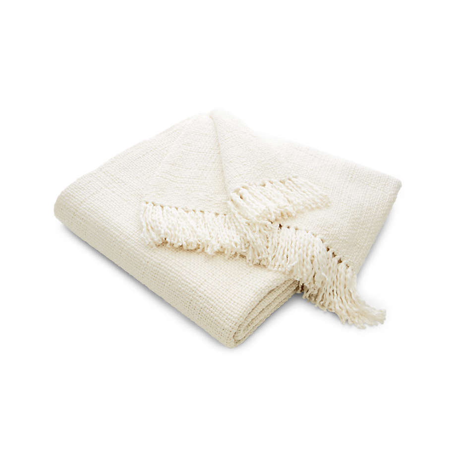 Styles 80"x80" Ecru Fringe Throw Blanket - Crate and Barrel | Havenly