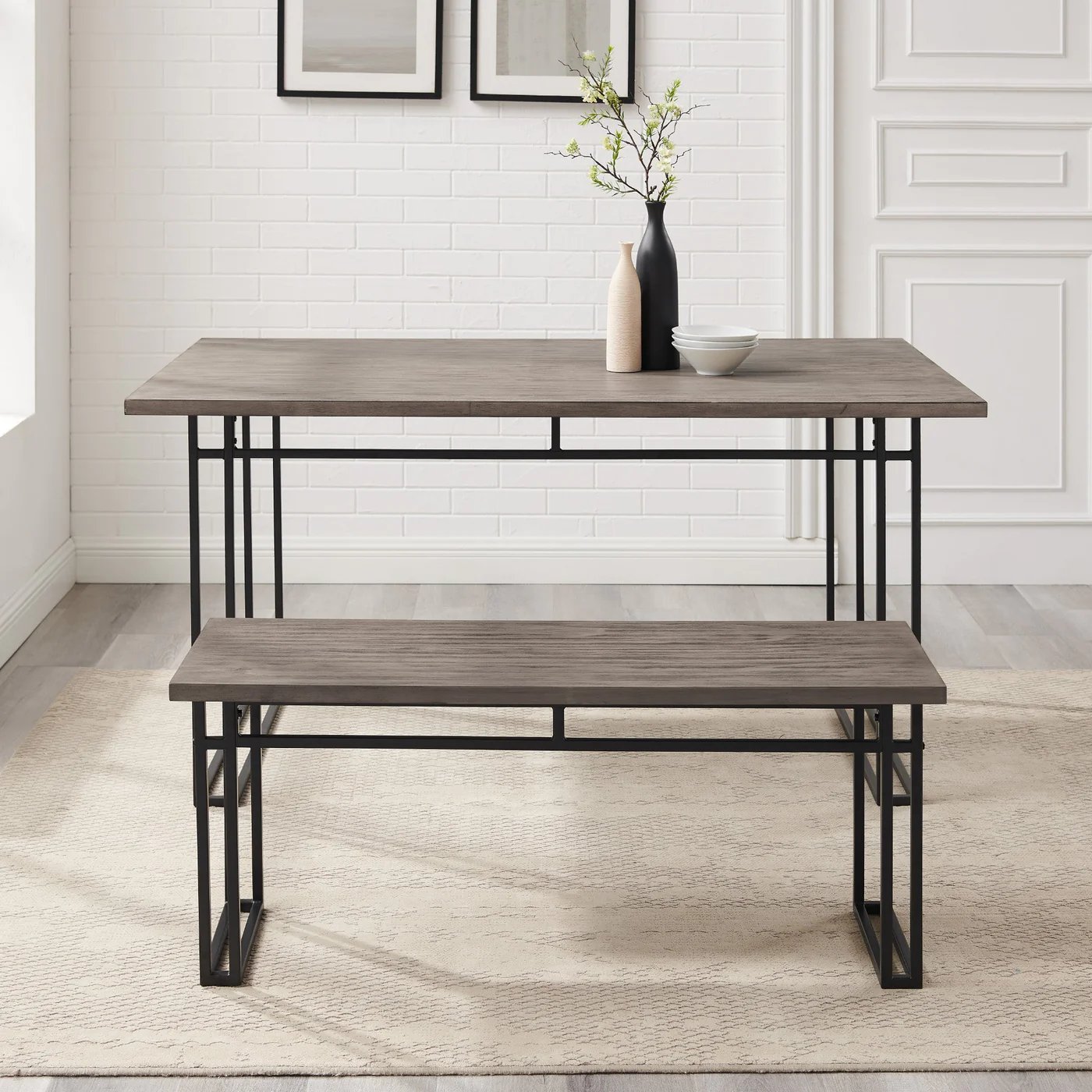 Contemporary Dual-Metal Leg Solid Wood Veneer Dining Bench – Grey ...