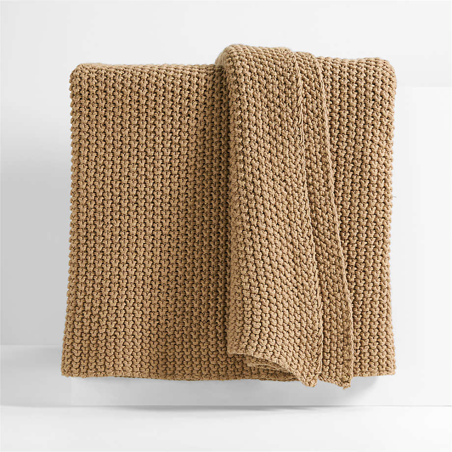 Organic Cotton 80"x80" Camel Brown Chunky Hand-Knit Bed Throw Blanket ...