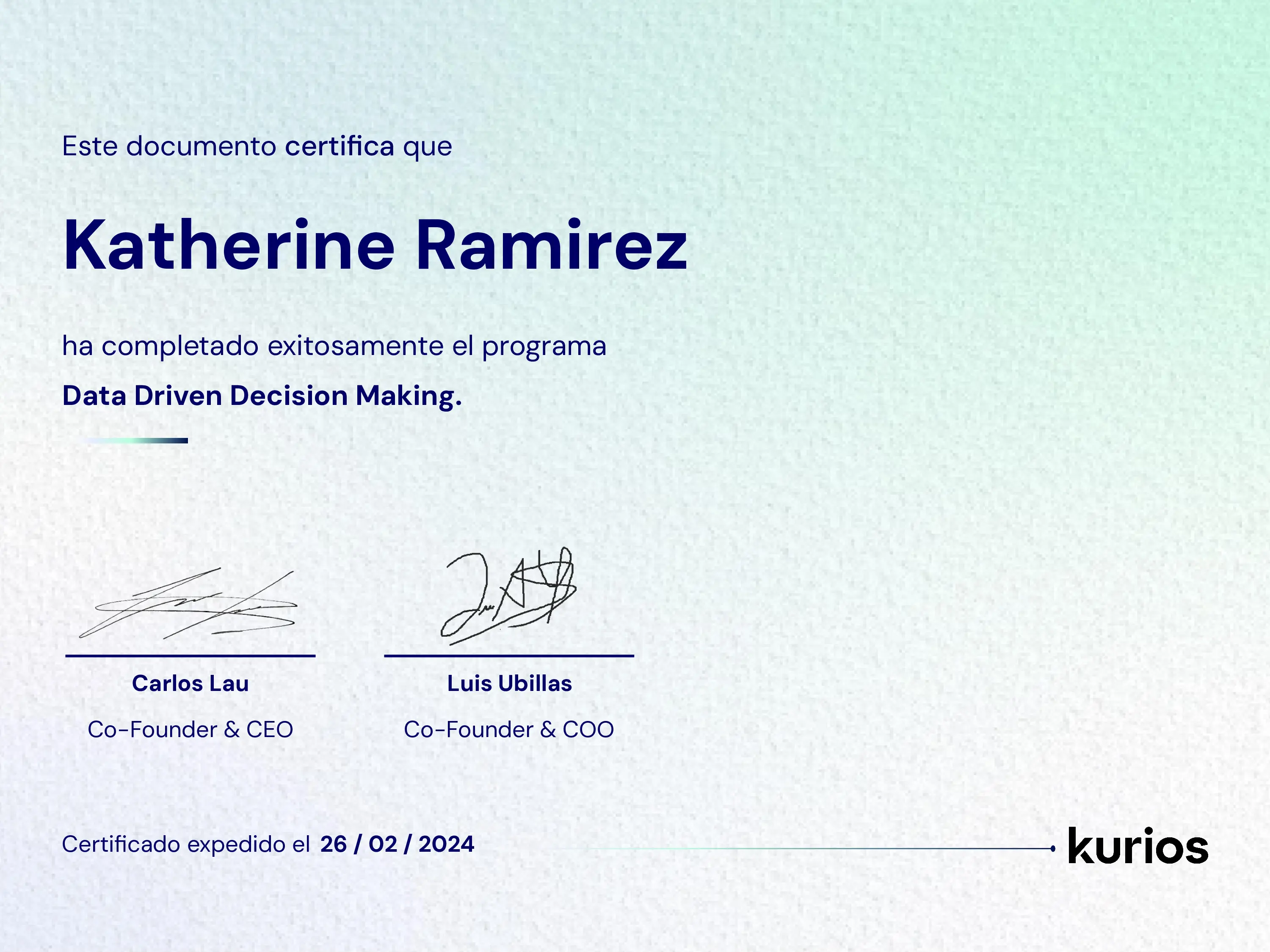 Certificado de Katherine Ramirez | Data Driven Decision Making