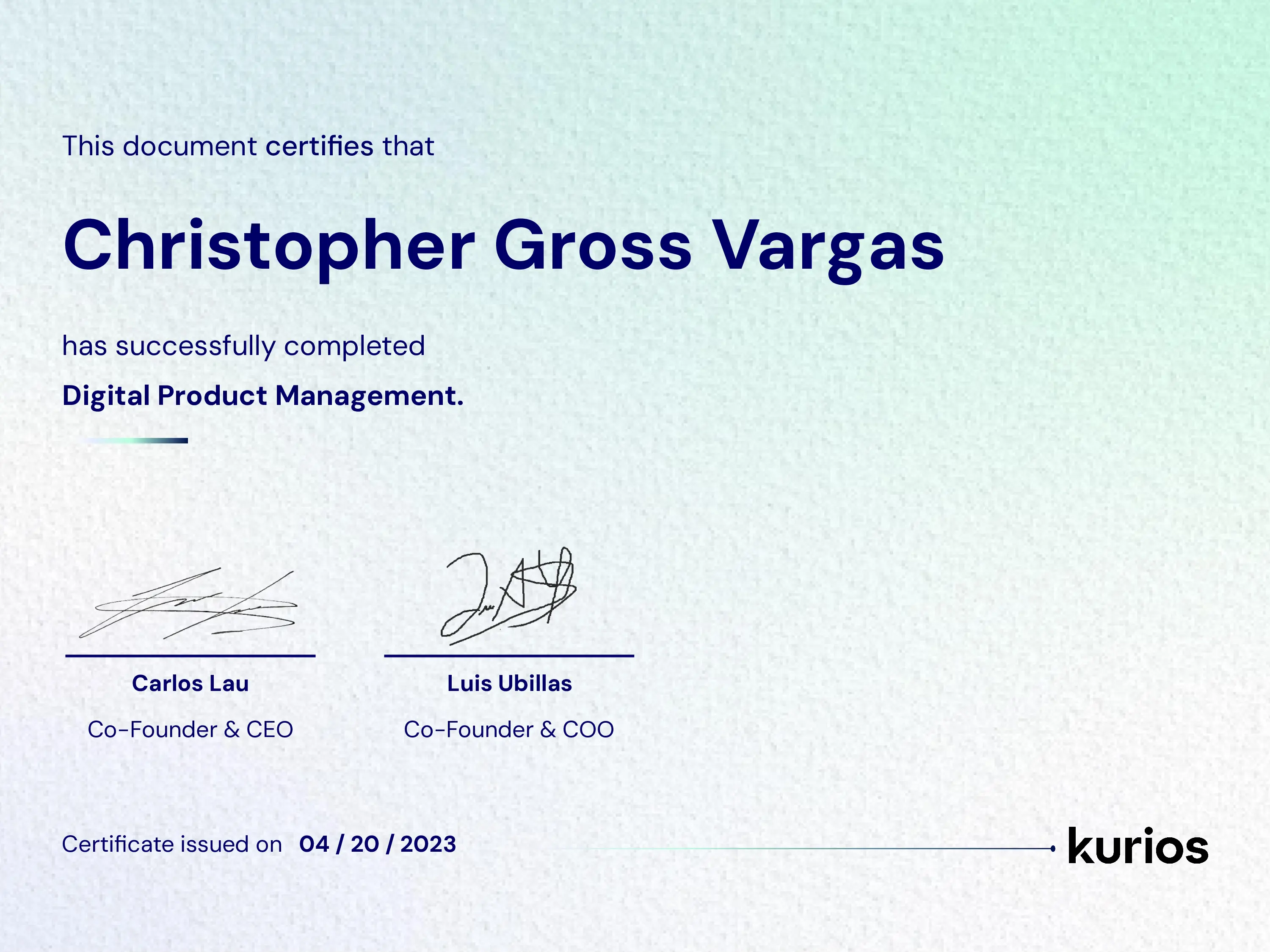 Certificate of Christopher Gross Vargas | Digital Product Management