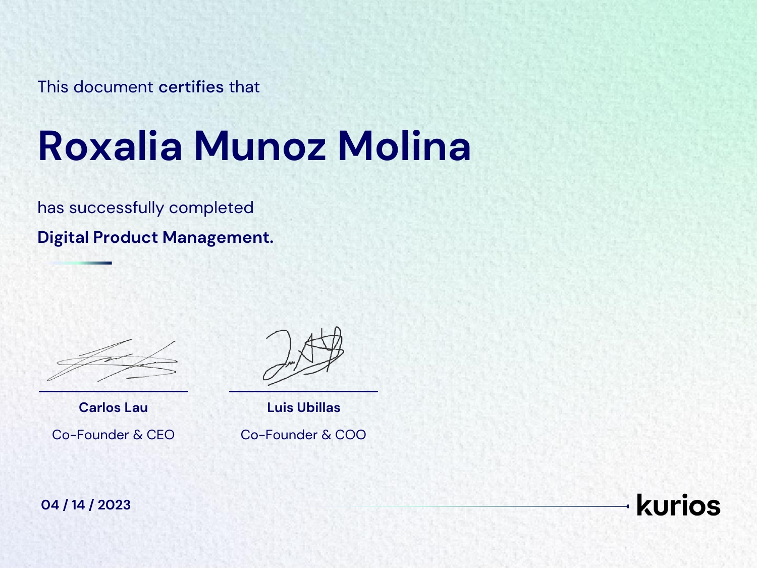 Certificado de Roxalia Munoz Molina | Digital Product Management