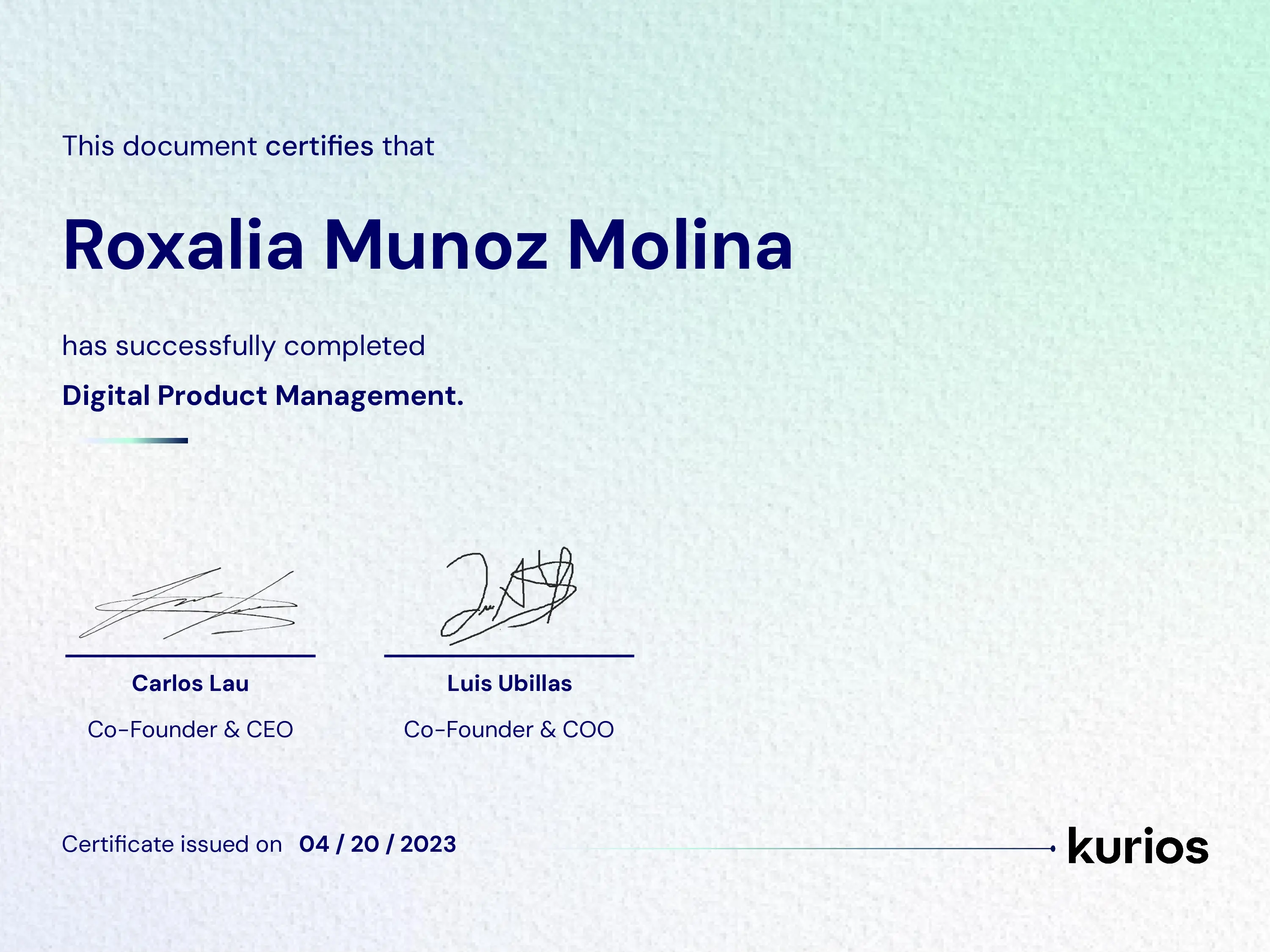 Certificate of Roxalia Munoz Molina | Digital Product Management