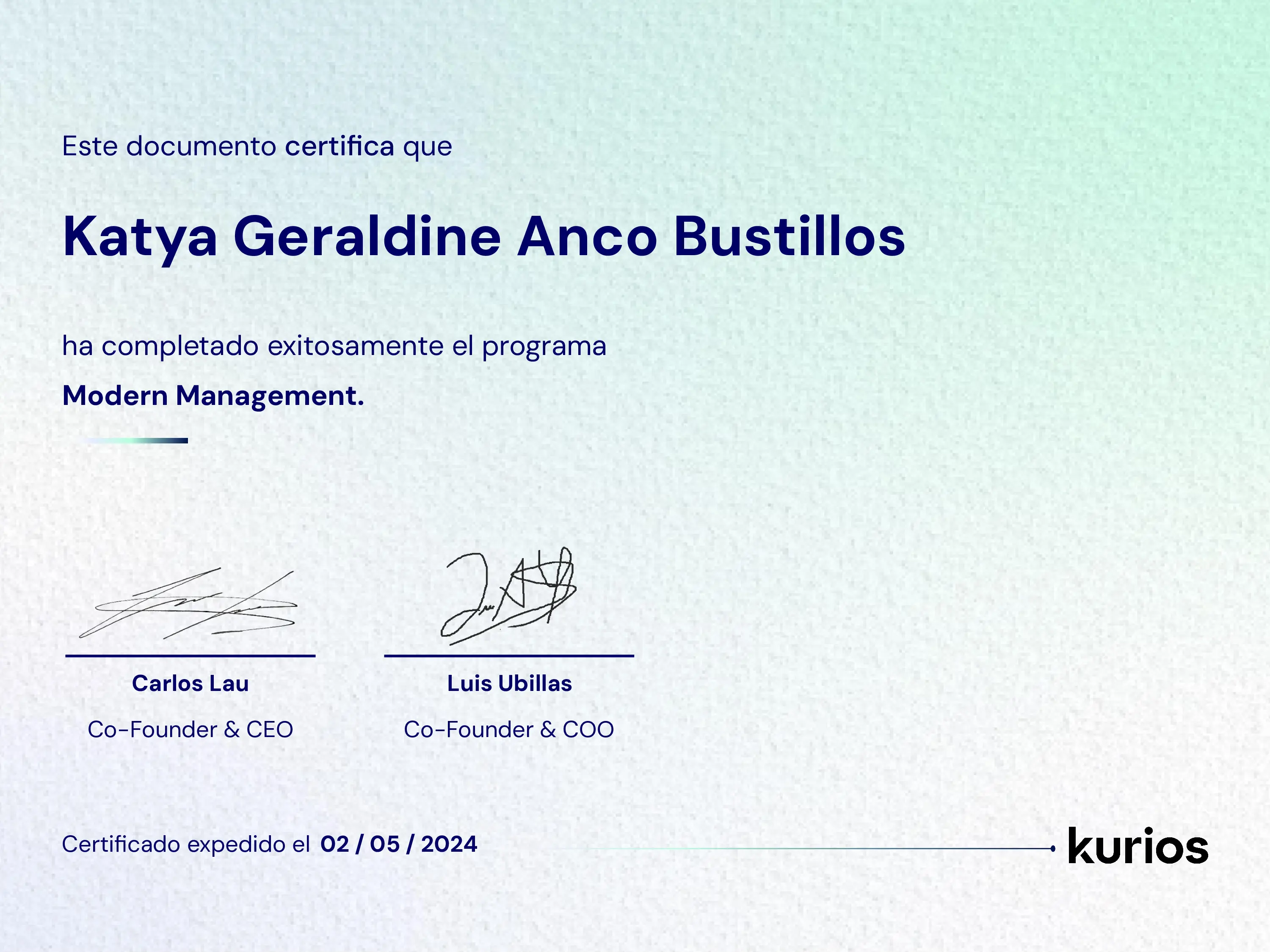 Certificado de Katya Geraldine Anco Bustillos | Modern Management