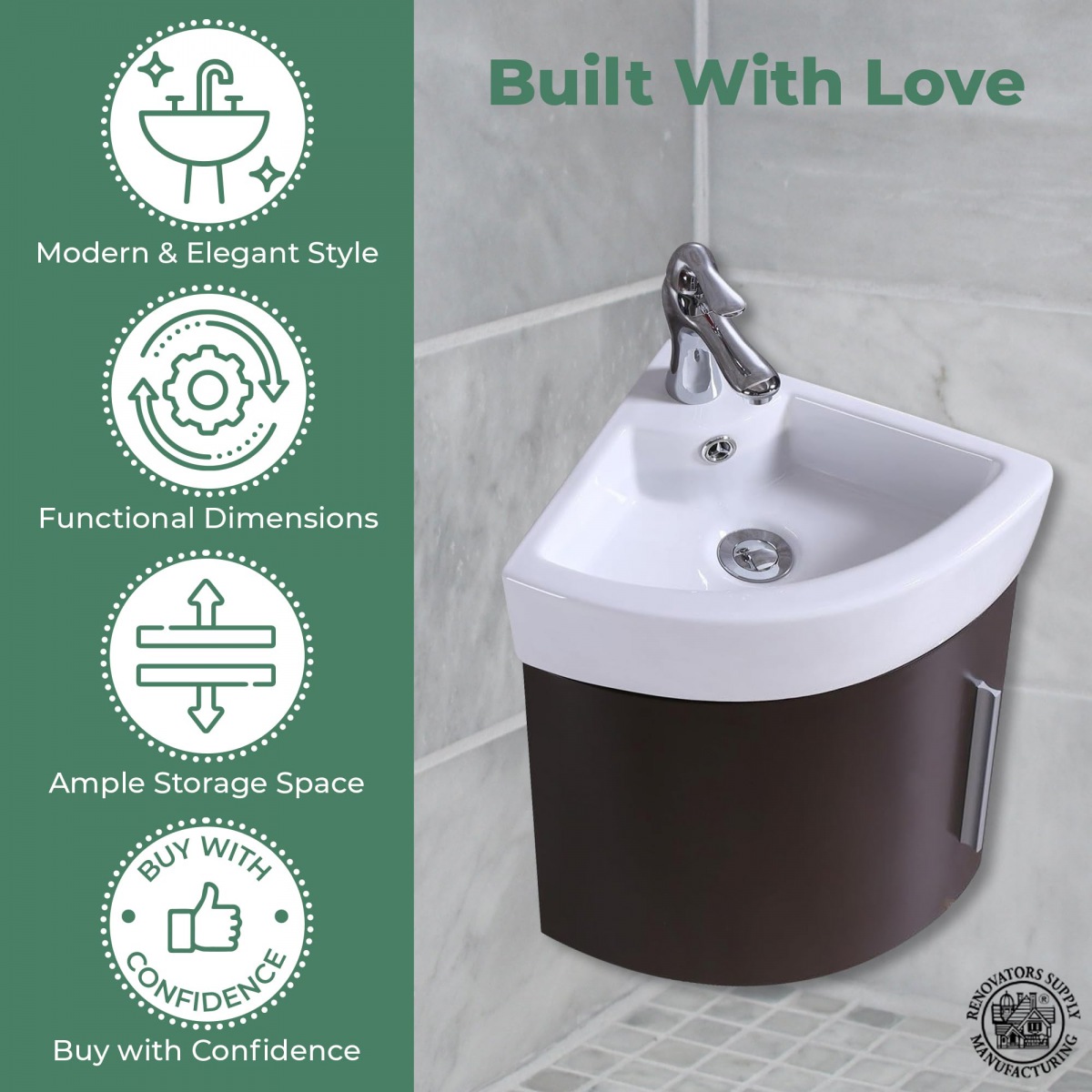 Wall Mount Corner Bathroom Vanity Cabinet Sink Dark Oak Finish