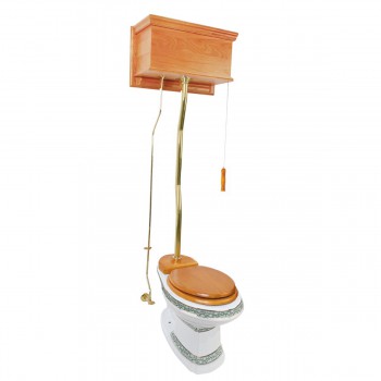 Light Oak High Tank Toilet with White Elongated Bowl and Brass Z-Pipe