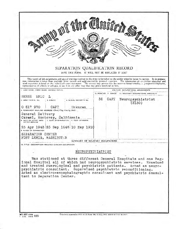 Army of the United States Separation Qualification Record for Eric ...