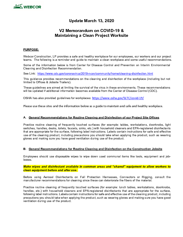 Webcor Updated V2 Memo on COVID-19 & Maintaining a Clean Project ...