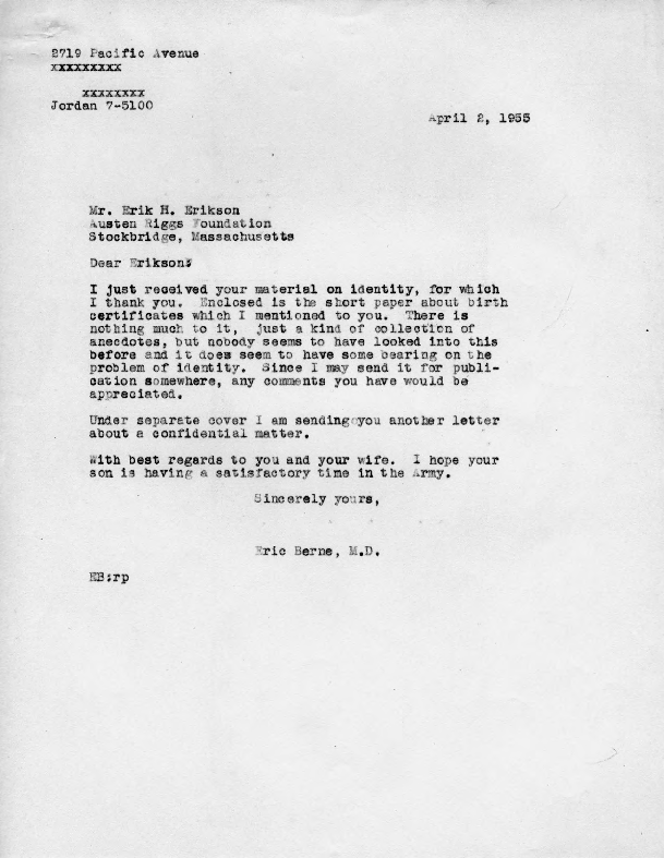 Eric Berne letter to Erik Erikson, 1955-04-02 — Calisphere